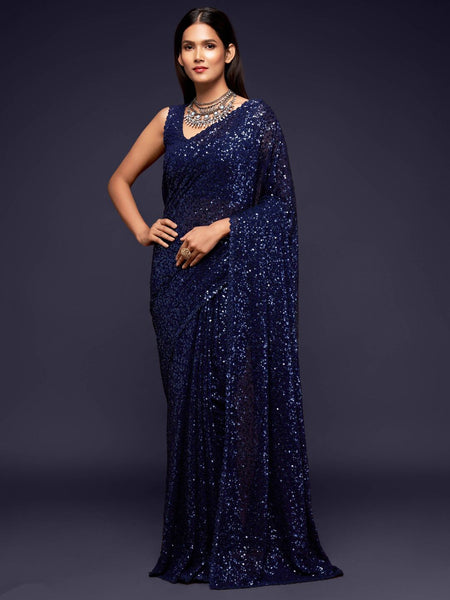 Buy Online Navy Blue Bollywood Embroidered Sequence Georgette Saree ...