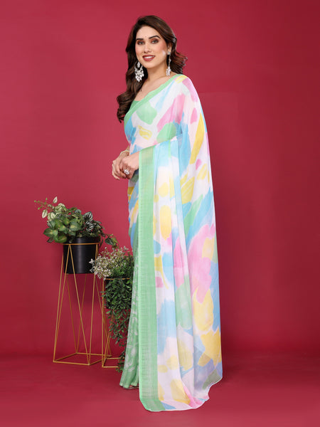 Buy Online Green Pista Floral Printed Chiffon silk saree – Sadika Sarees