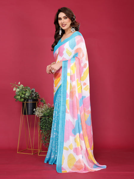 Buy Online Sky Blue Floral Printed Chiffon silk saree – Sadika Sarees