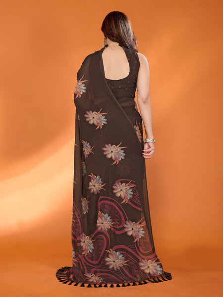 Buy Online Brown Floral Printed Embellished Georgette silk saree ...