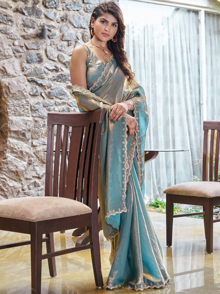 Buy Online Teal Blue Embellished Space silk Beads and Stone work saree ...