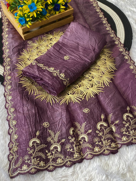 Buy Online Wine Embroidered Gold Crush silk saree – Sadika Sarees