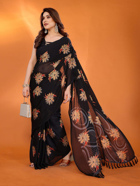 Buy Online Black Floral Printed Embellished Georgette silk saree ...