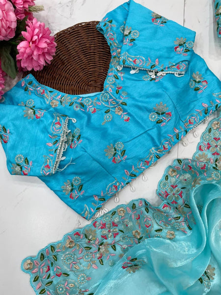 Buy Blue Space silk Saree with Sequin Embroidery & Stitched Blouse ...